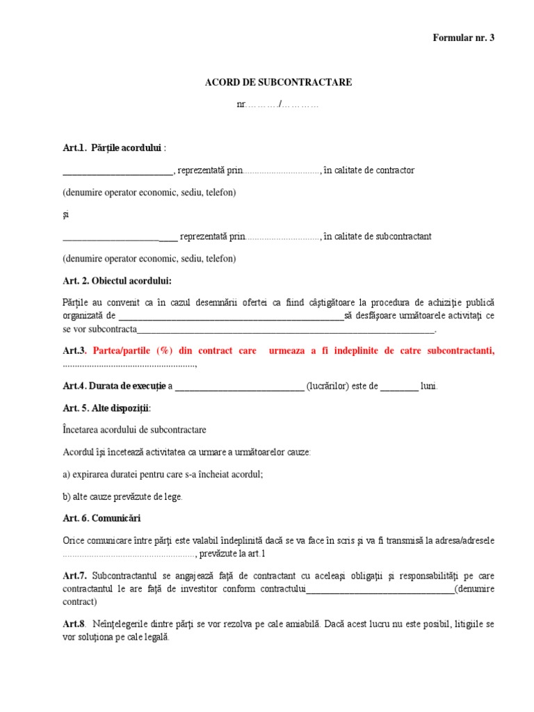 Formulare 3 - Model Acord de Subcontractare | PDF