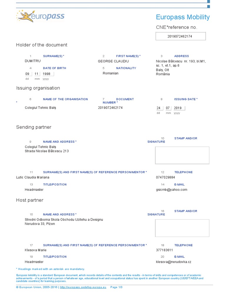 Europass Mobility Template en CNE Field | PDF | Educational Stages ...