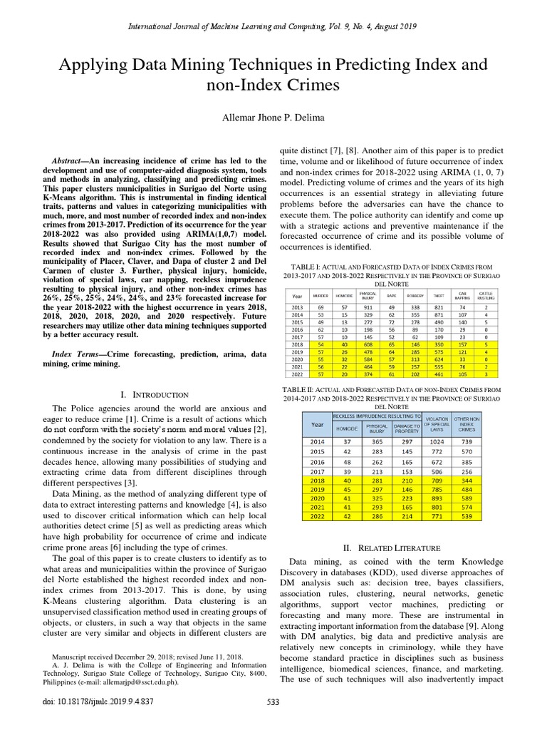 Applying Data Mining Techniques In Predicting Index And Non Index Crimes Pdf Cluster