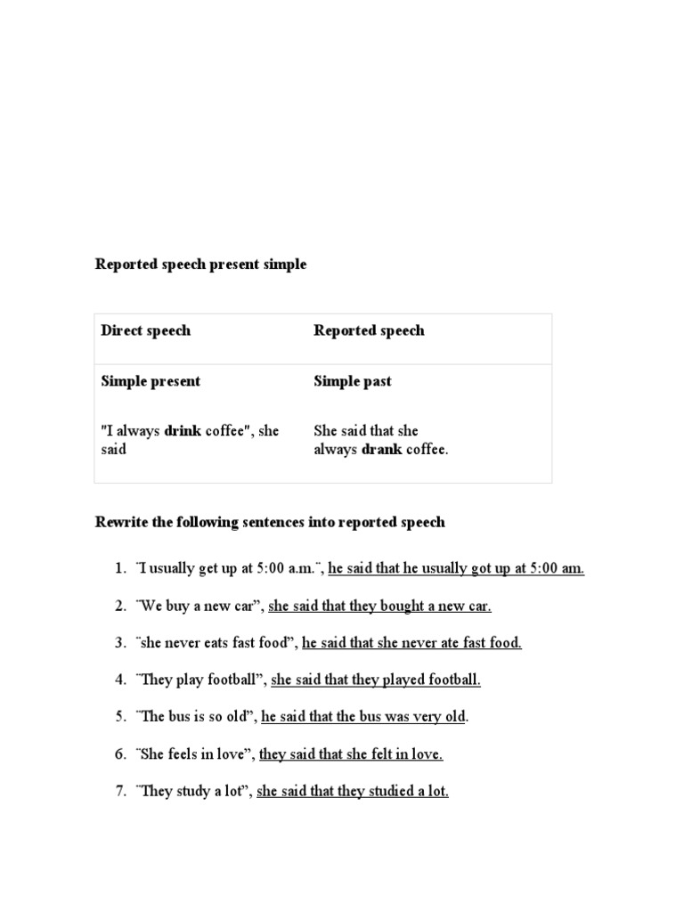 Task Reported Speech Present Simple. | PDF