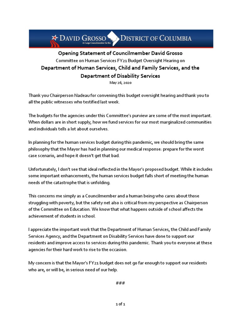 CM Grosso Opening Statement - Human Serv FY21 Gov Witnesses | PDF ...