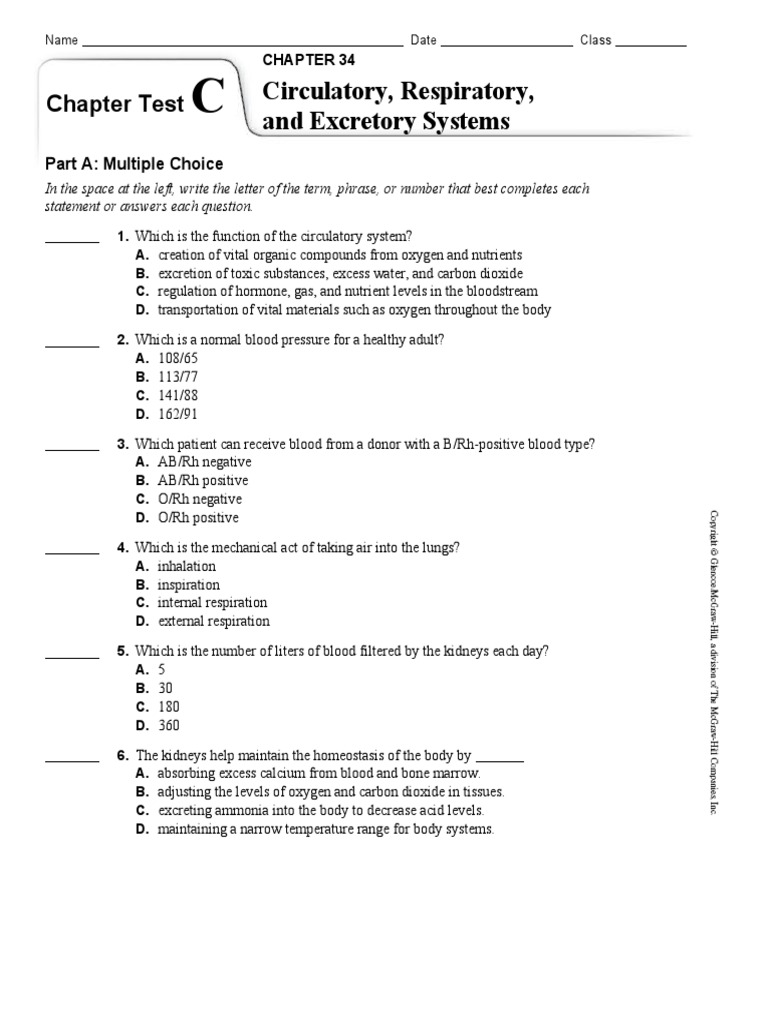 Circulatory, Respiratory and Excretory Systems Test | PDF | Blood ...