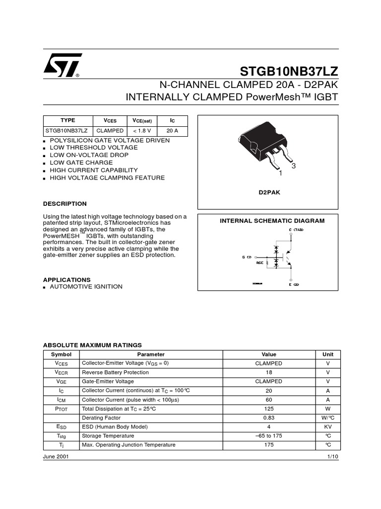 STGB10NB37LZ: N-Channel Clamped 20A - D2Pak Internally Clamped ...