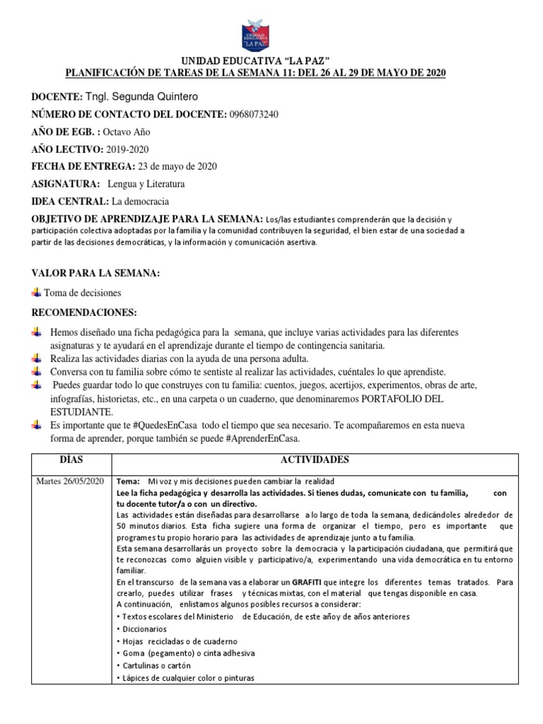 Planificación Semanal 8vo EGB: Democracia | PDF | Nutrición | Dieta y ...
