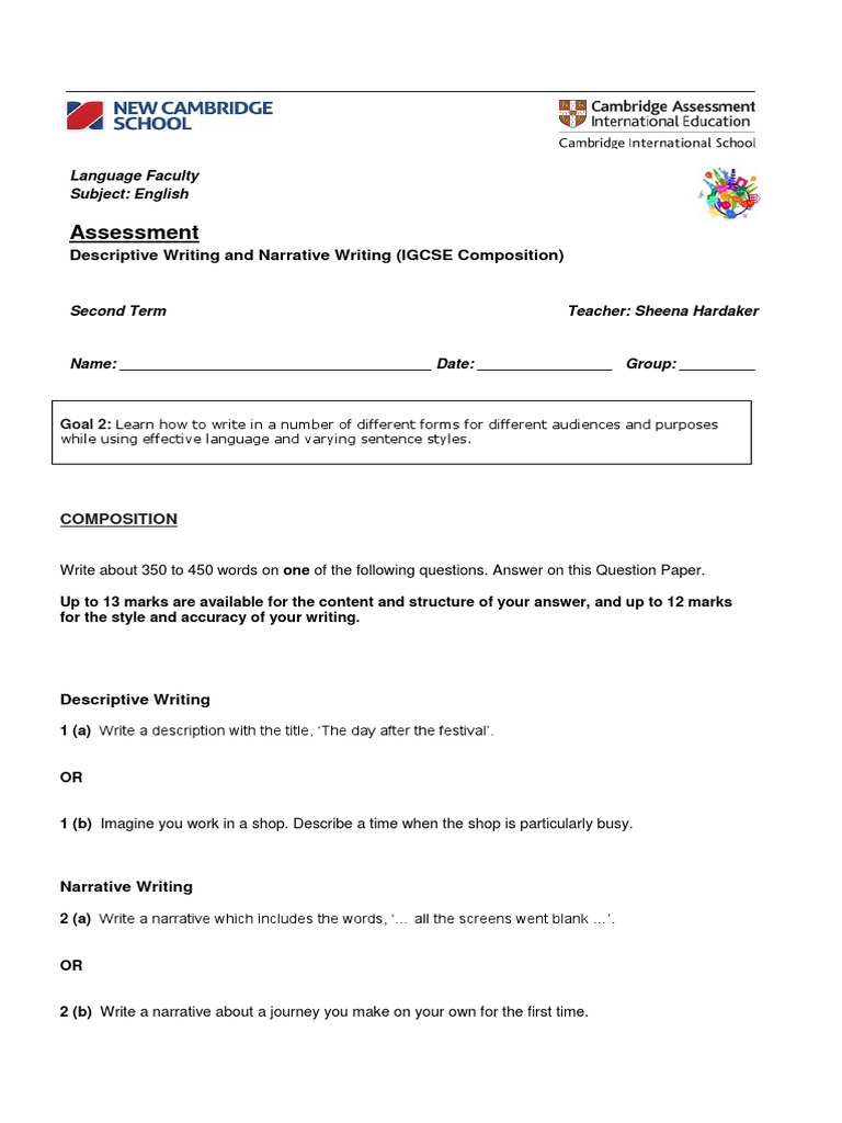 (Assessment) Descriptive Writing and Narrative Writing (IGCSE ...