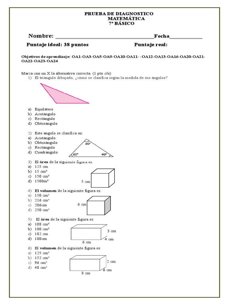 Prueba de Diagnostico Septimo Básico 2020, Matemática. | PDF ...