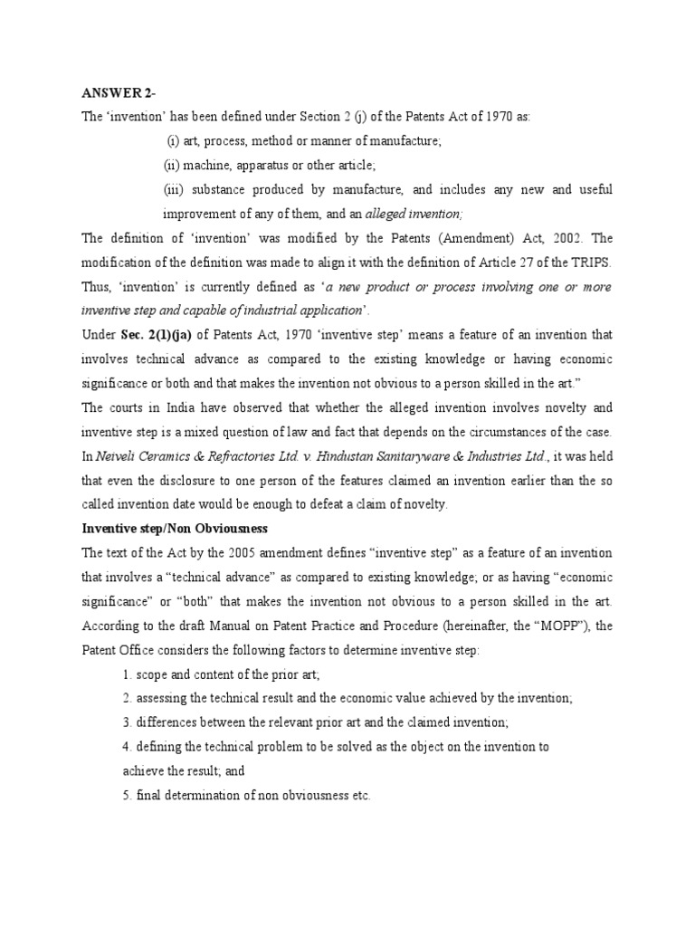 Answer 2-: Inventive Step and Capable of Industrial Application' | PDF ...
