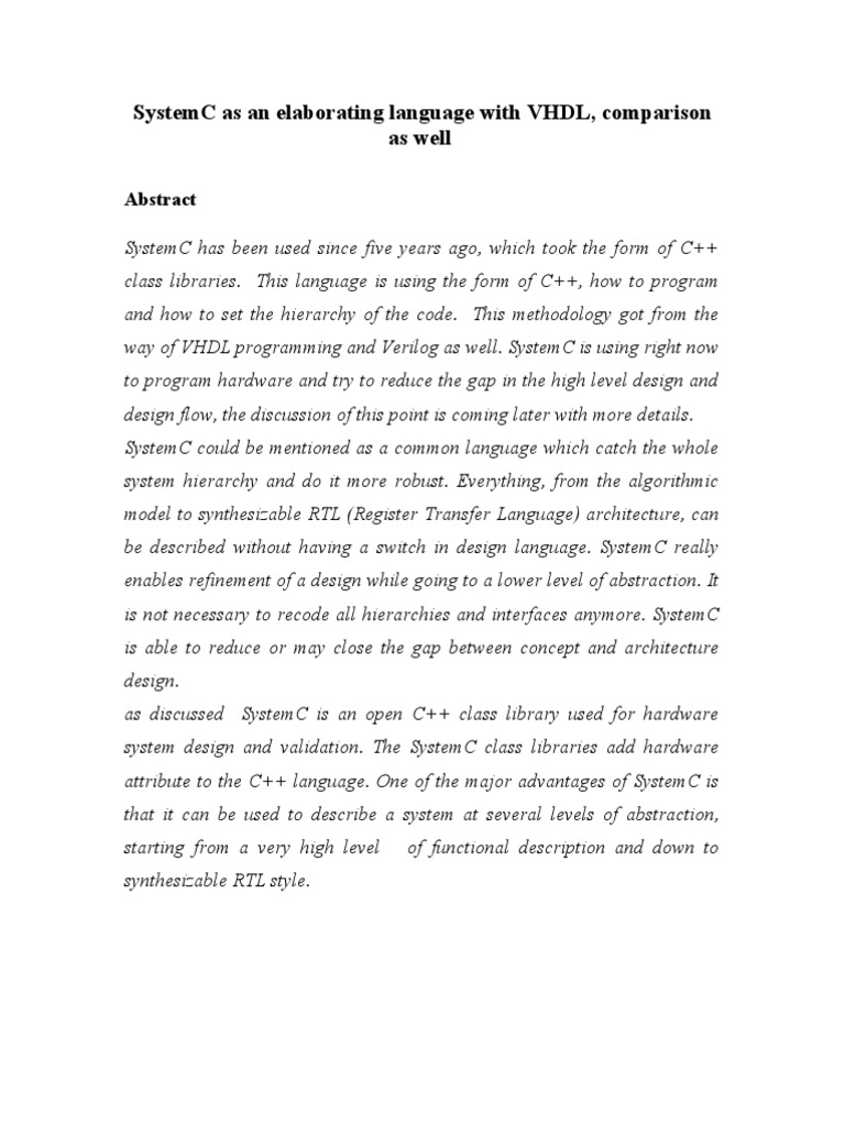 Comparing SystemC and VHDL for hardware modeling | PDF | Vhdl | Hardware Description Language