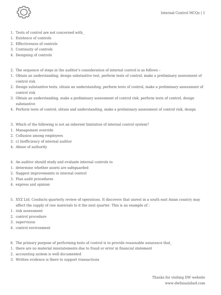 Internal Control MCQs | PDF | Internal Control | Internal Audit