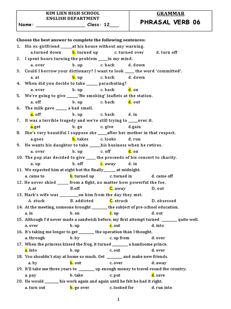 Phrasal Verb 06: Kim Lien High School English Department Name: - Class ...