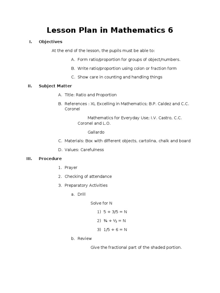 Lesson Plan in Mathematics 6 | PDF | Ratio | Teaching Mathematics