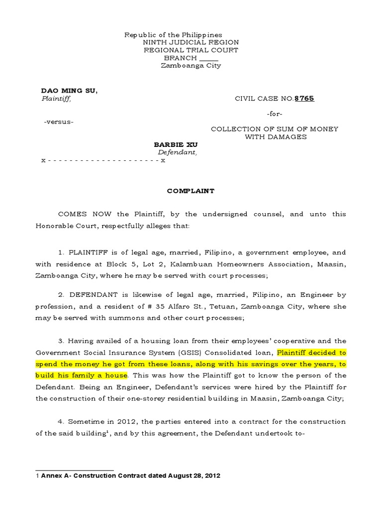 Complaint for Money Collection | PDF | Lawsuit | Damages