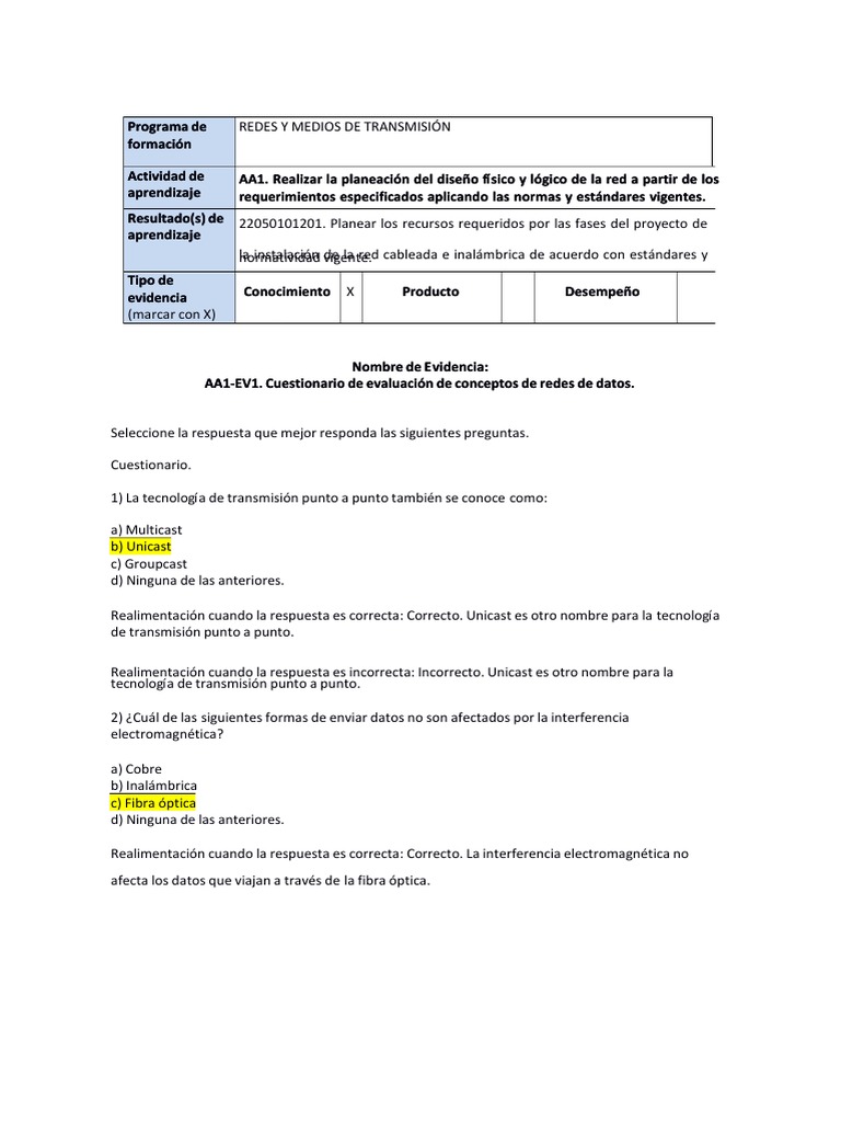 AA1-EV1. Cuestionario de Evaluación de Conceptos de Redes de Datos | PDF | Red de computadoras ...