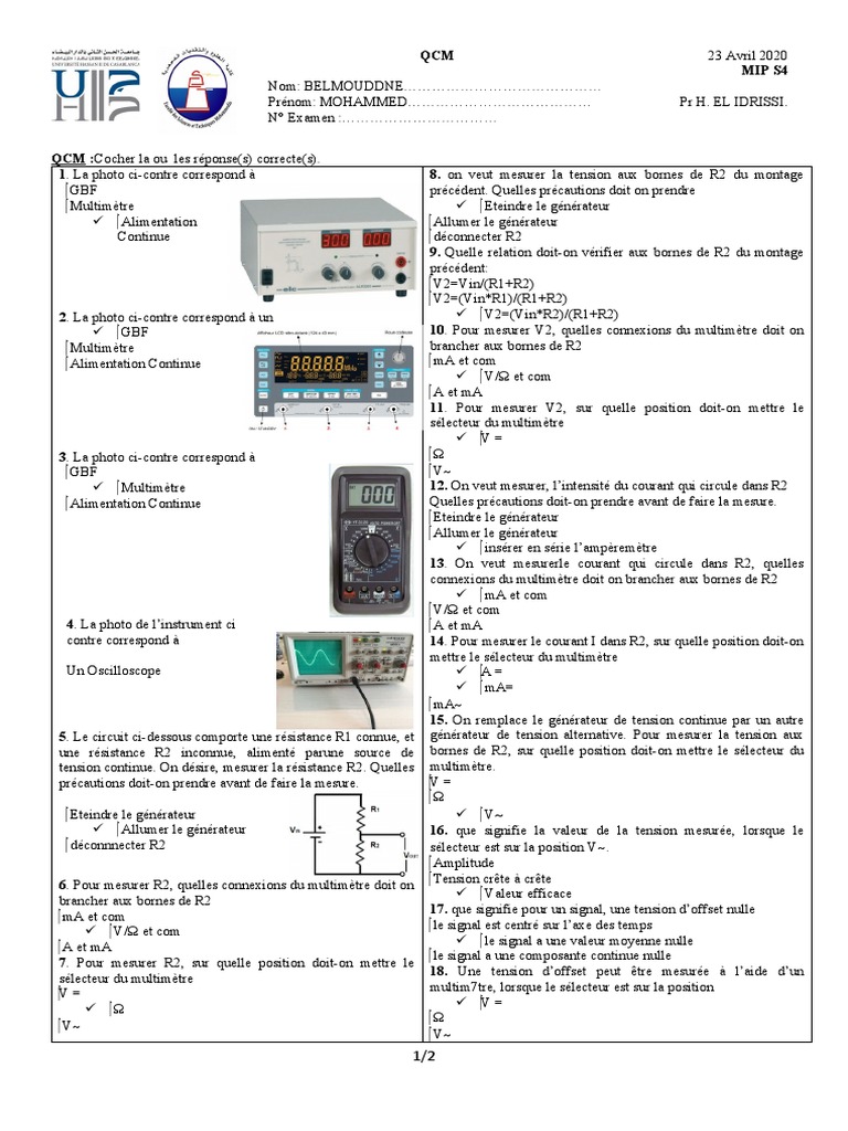 QCM Électronique : Mesures et Signaux | PDF | Tension électrique | Obliger