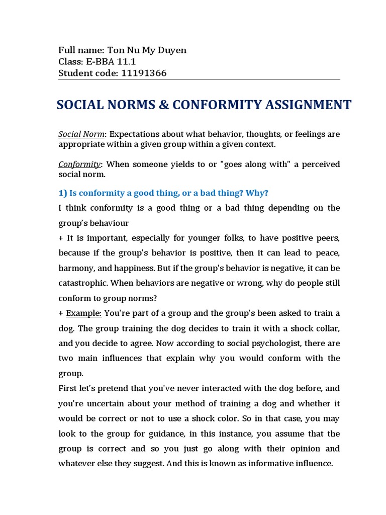 14 - Ton Nu My Duyen - EBBA 11.1 - Social Norms and Conformity | PDF | Conformity | Behavioural ...