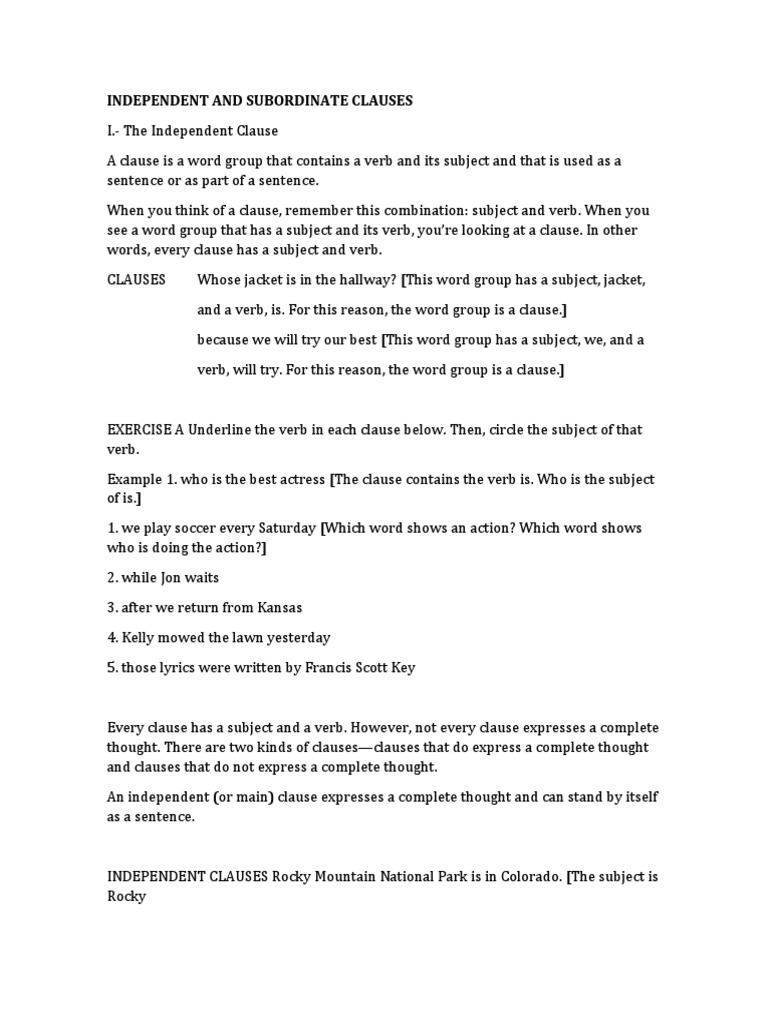 Independent vs. Subordinate Clauses | PDF | Clause | Sentence (Linguistics)