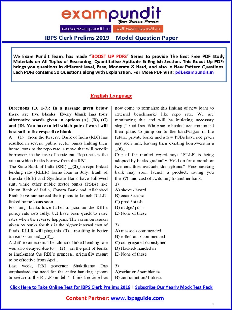 IBPS Clerk Prelims 2019 Model Paper | PDF | Non Bank Financial ...