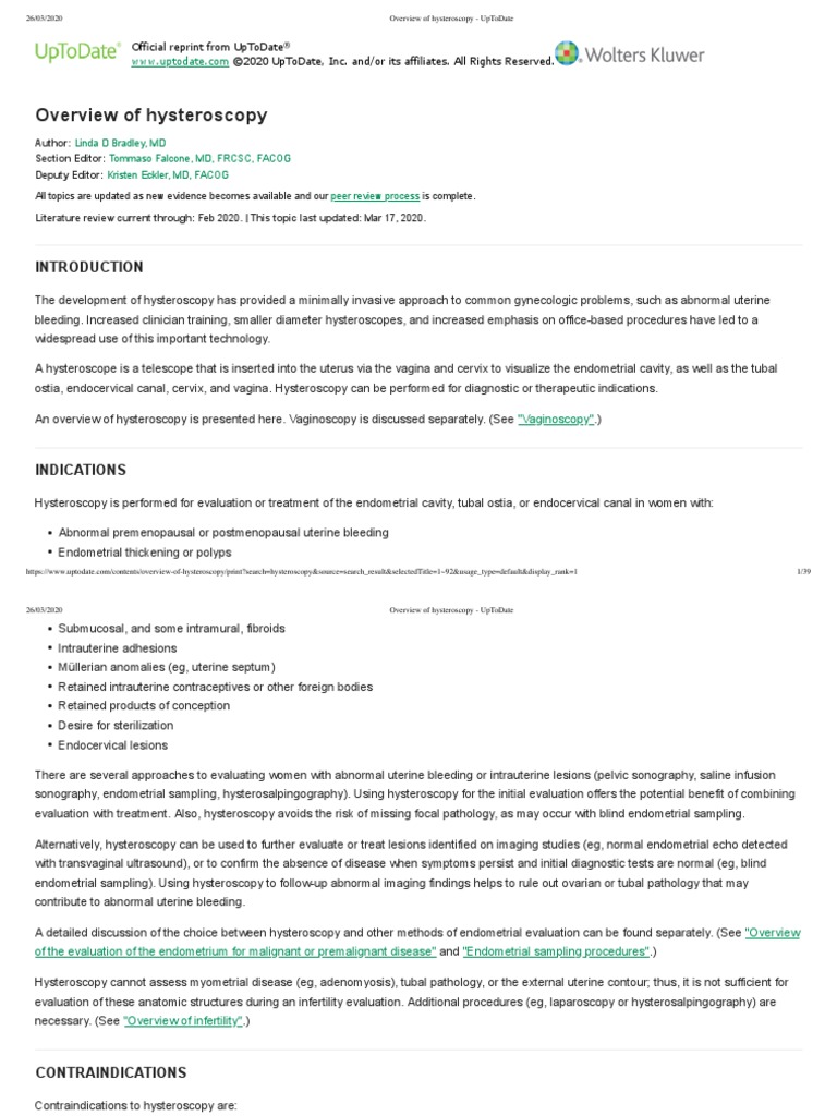 Overview of Hysteroscopy - UpToDate | PDF | Gynaecology | Human Reproduction