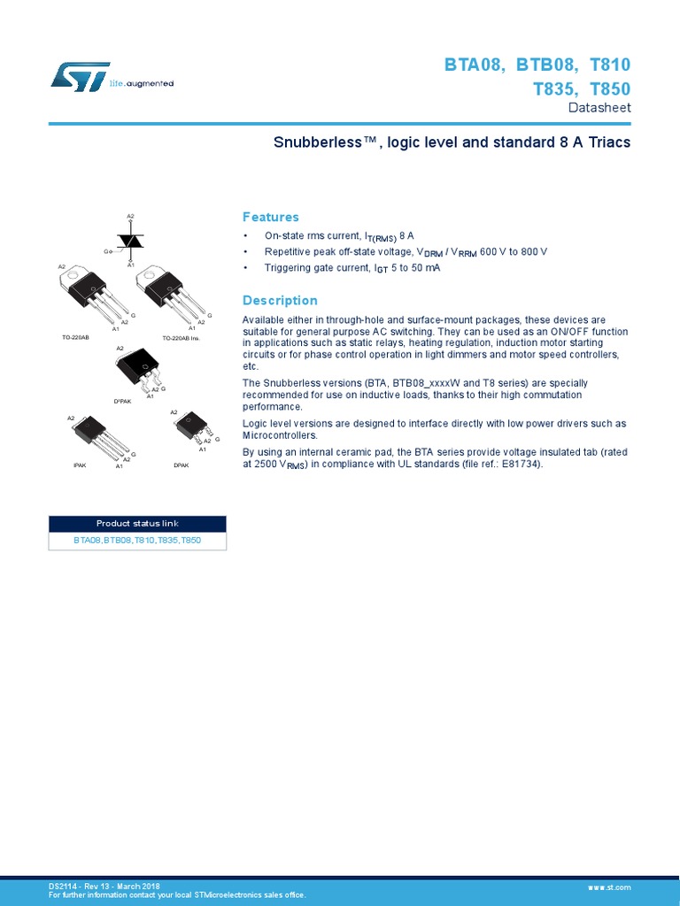 BTA08, BTB08, T810 T835, T850: Snubberless™, Logic Level and Standard 8 A Triacs | PDF ...