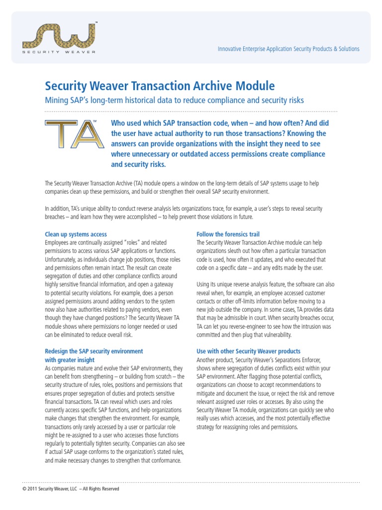 Security Weaver Transaction Archive Module | PDF | Sap Se | Security