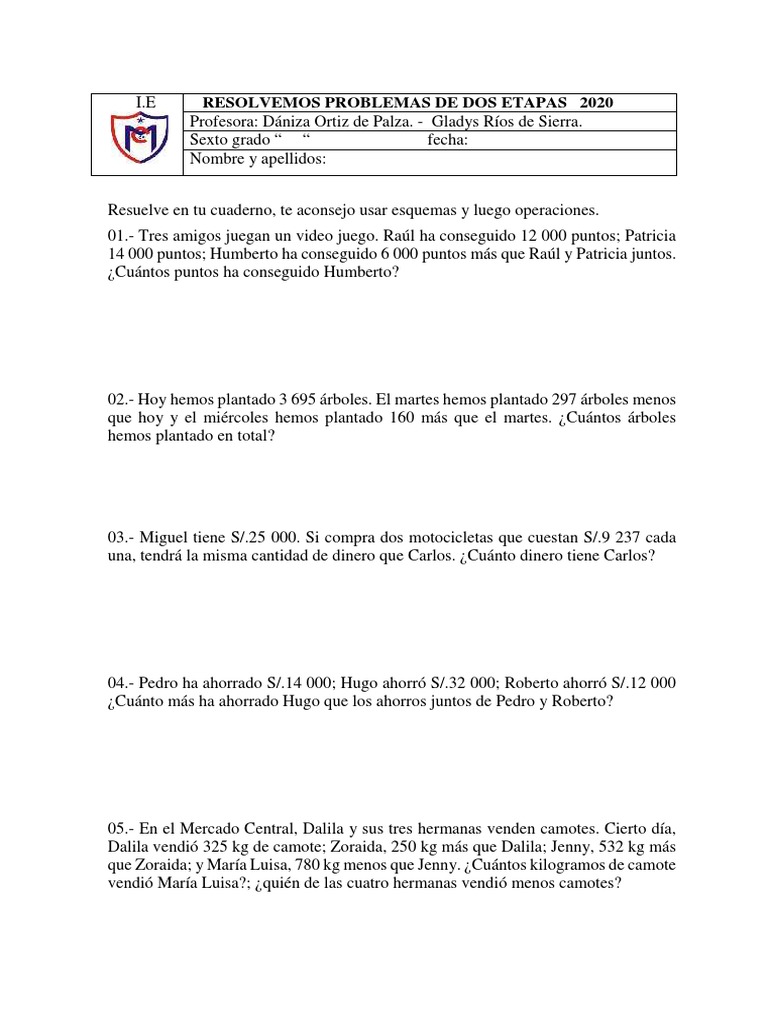6to-Problemas de Dos Etapas - Barras | PDF