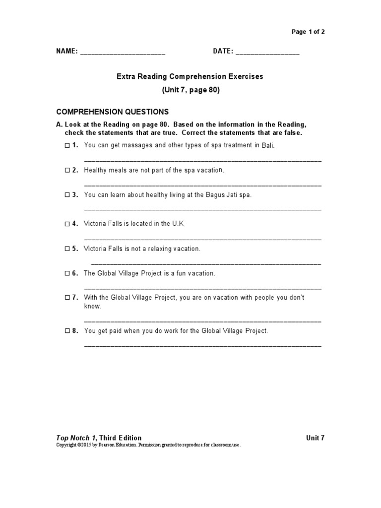 Extra Reading Comprehension Exercises (Unit 7, Page 80) Comprehension ...
