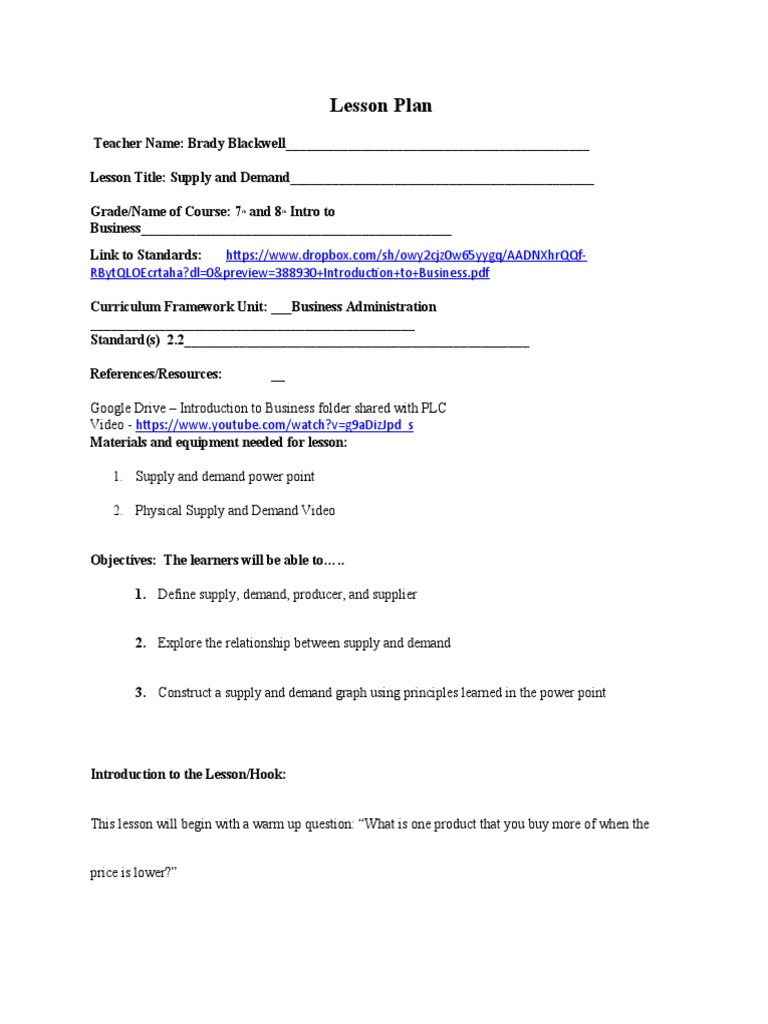 Supply and Demand Lesson Plan | PDF | Supply And Demand | Lesson Plan