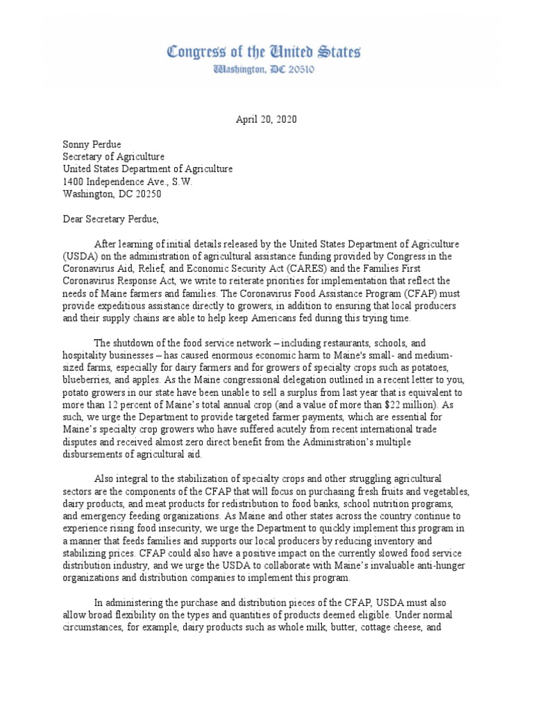 2020-04-20 Collins-Pingree Letter To USDA AG Assistance Final | PDF ...