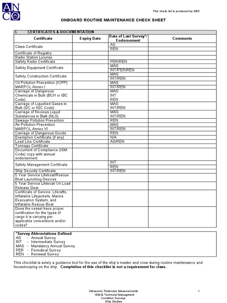 Onboard Routine Maintenance Check Sheet | Oil Tanker | Compass