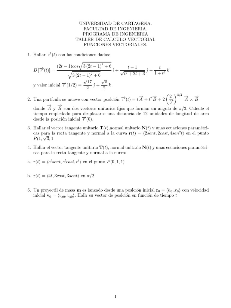 Taller de Calculo - Funciones Vectoriales. | Descargar gratis PDF | Tangente | Vector Euclidiano