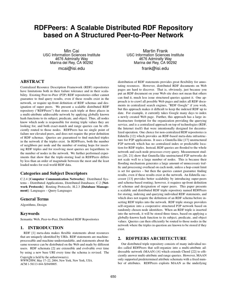 Rdfpeers: A Scalable Distributed RDF Repository Based On A Structured Peer-To-Peer Network | PDF ...
