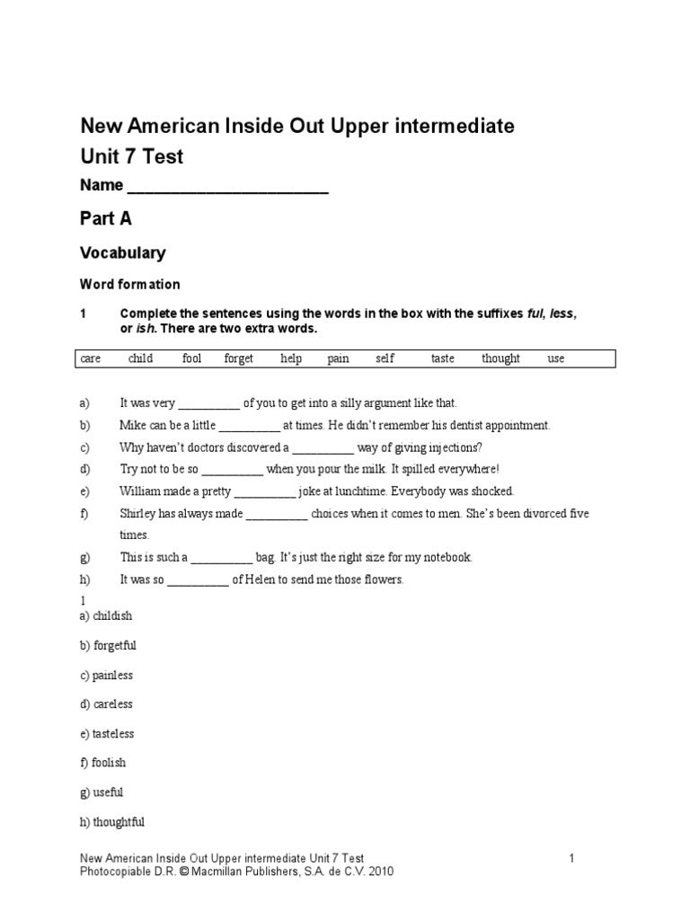 Unit 7 Test With Answers | PDF | Grammar | Linguistics