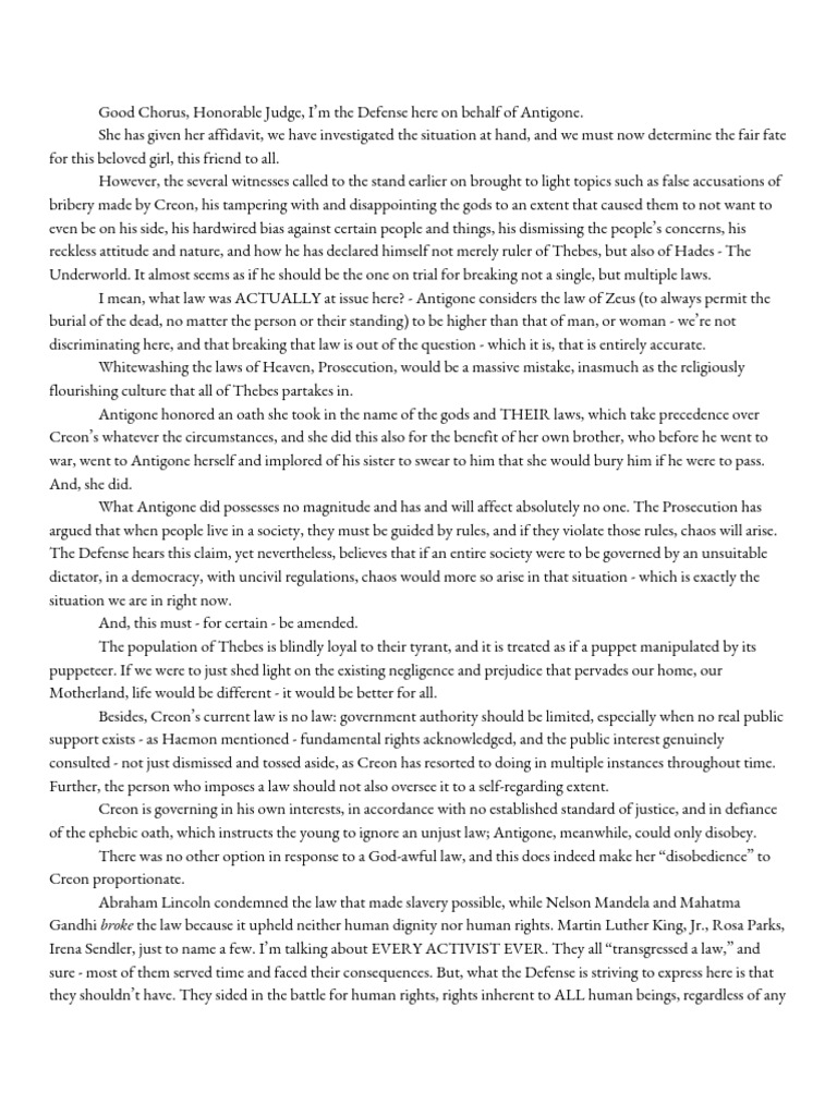Antigone Mock Trial Defense Closing Statement and Questioning | PDF