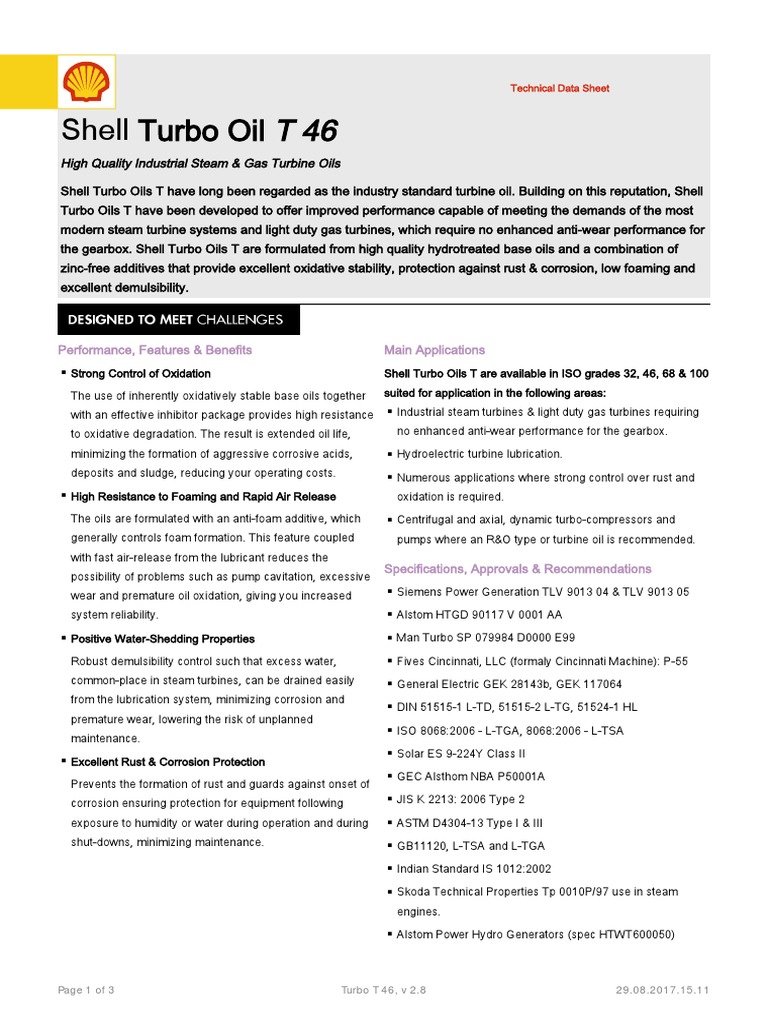 Shell Turbo Oil T46: Performance, Features & Benefits Main Applications | PDF | Motor Oil ...