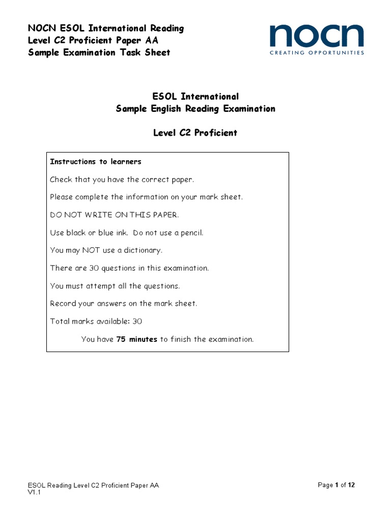 NOCN ESOL International Reading Level C2 Proficient Paper AA Sample ...