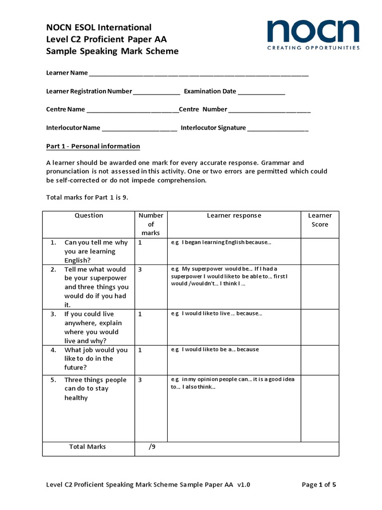 C2 Speaking Mark Scheme Overview | PDF | Speech | English Language