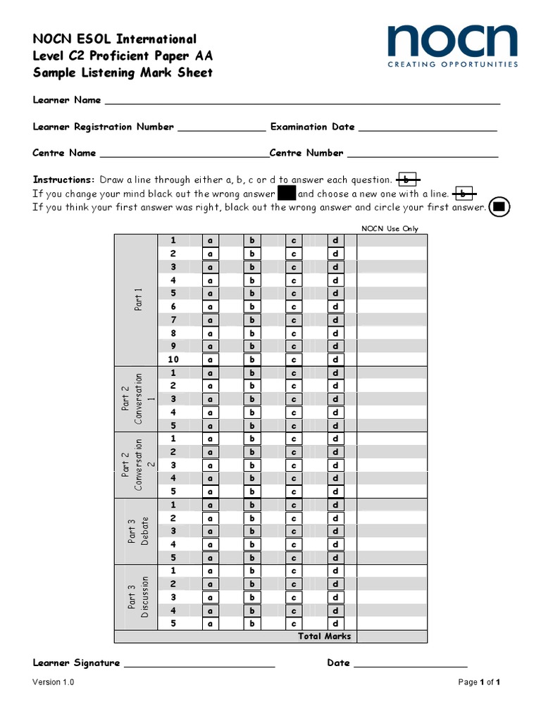 NOCN C2 Listening Mark Sheet Sample | PDF | Humanities Education | Learning
