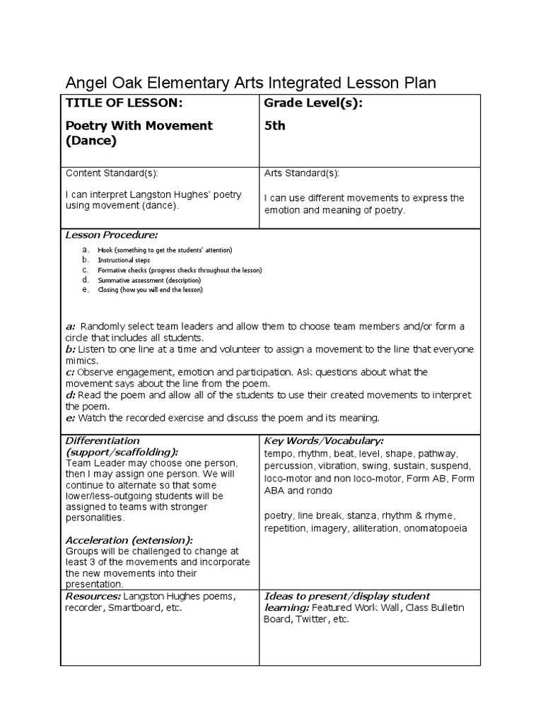 Angel Oak Elementary Arts Integrated Lesson Plan: Title of Lesson ...