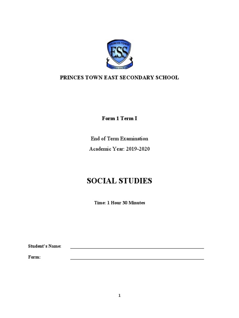 Form 1 Social Studies Exam Paper | PDF | Multiple Choice | Adolescence