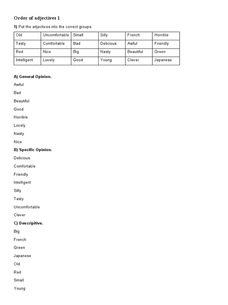 Order of Adjectives 1: 1) Put The Adjectives Into The Correct Groups | PDF