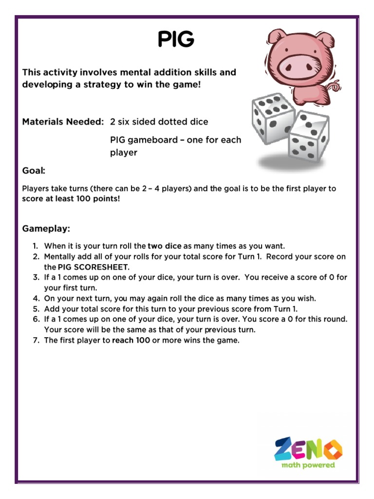 Pig Dice Game Instructions and Score Sheet | PDF