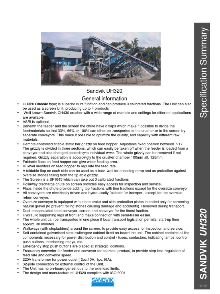 Specification Summary for the Sandvik UH320 Mobile Crushing and ...