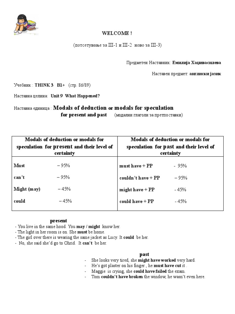 Modals of deduction modals for speculation: Welcome ! (потсетување за III-1 и III-2 ново за III ...
