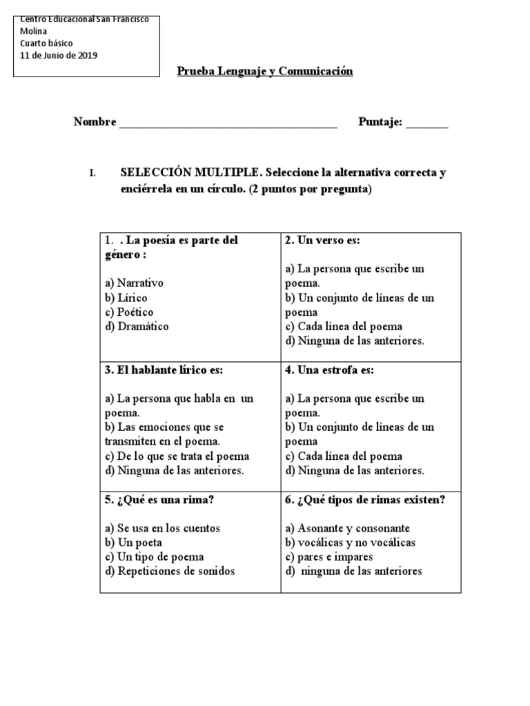 Evaluación de Poesía para Escolares | PDF | Poesía | Rima