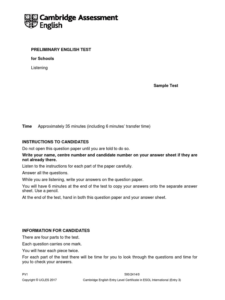 Preliminary English Test For Schools | PDF
