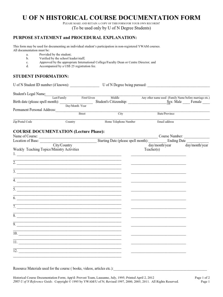 U of N Historical Course Documentation Form: Purpose Statement and Procedural Explanation | PDF ...