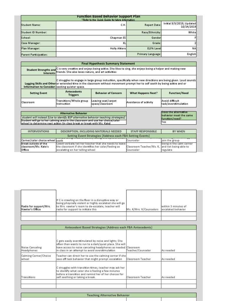 Function Based Behavior Support Plan: Final Hypothesis Summary ...
