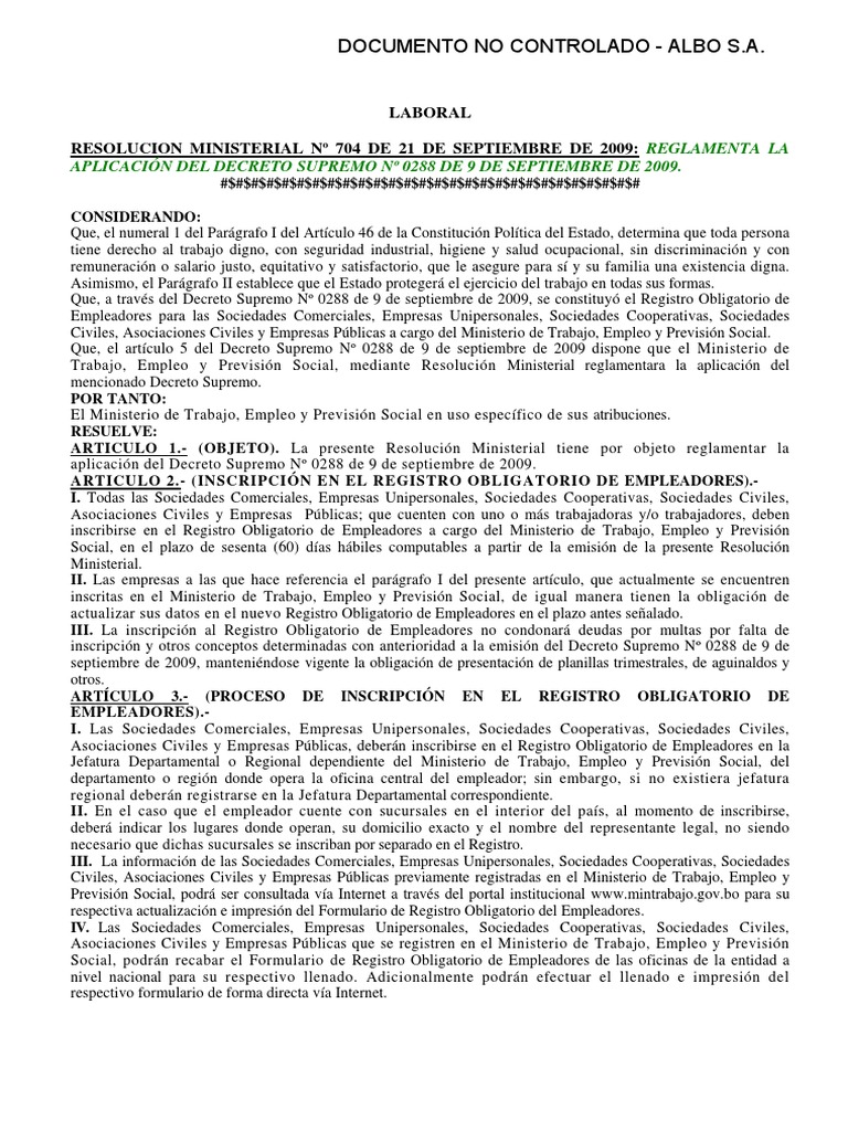 Documento No Controlado - Albo S.A.: Reglamenta La Aplicación Del Decreto Supremo #0288 de 9 de ...