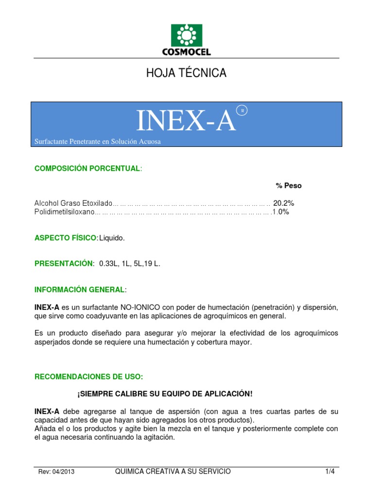 Hoja técnica que describe las propiedades y uso recomendado del surfactante penetrante INEX-A ...