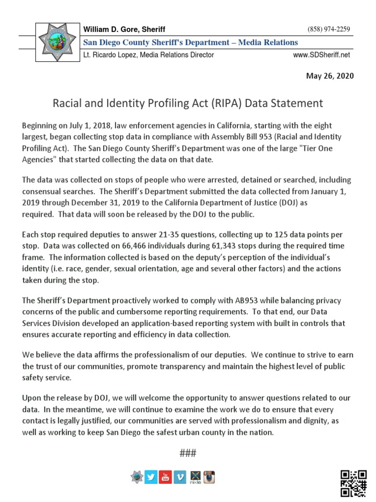 RIPA Data Statement With Report SDSheriffNewsReleaseEmail16524 | PDF ...